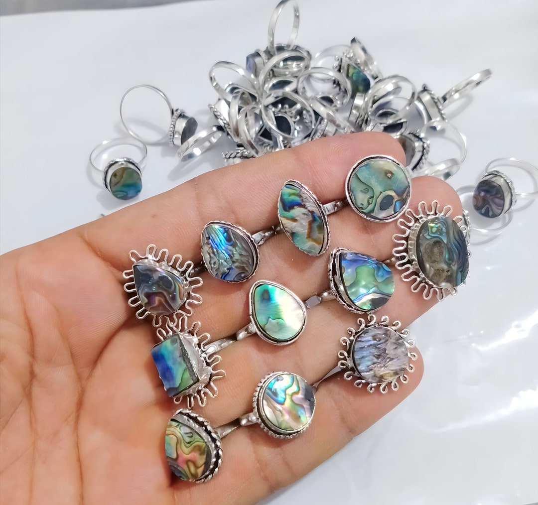 AAA Abalone Shell Gemstone Rings, Wholesale Lot Rings, 925 Sterling ...