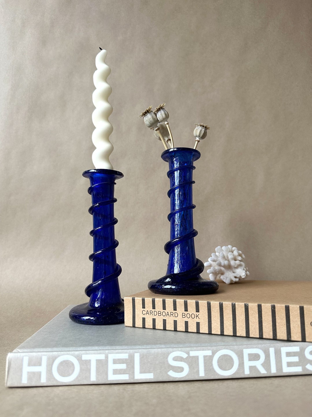 Cobalt Blue Glass Snake Candle Holders or Bud Vases, Handblown Glass ...