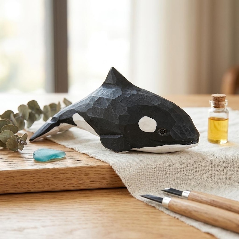 Hand Carved Wooden Orca Killer Whale Figurine Ocean Animal Wood ...