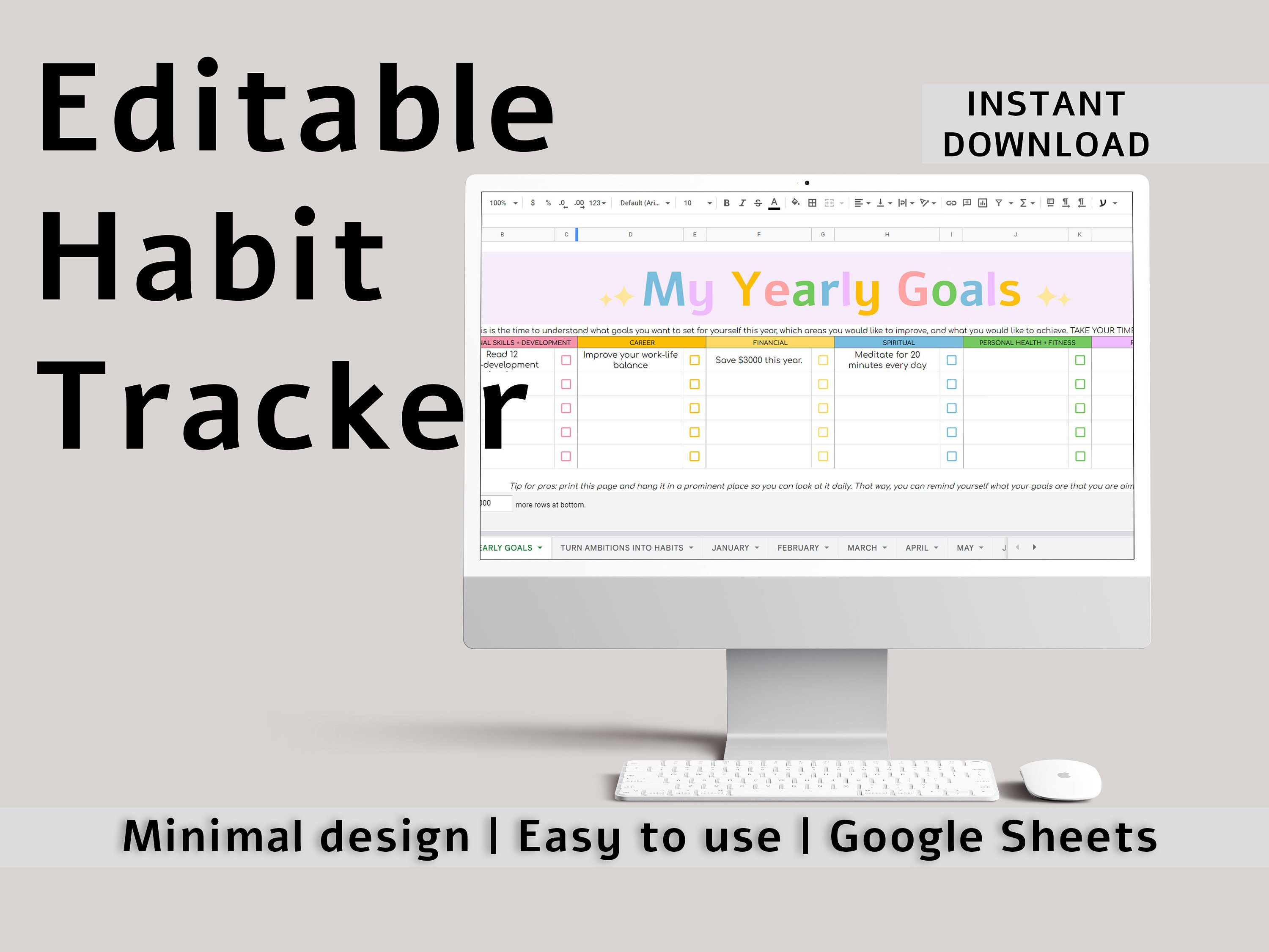Editable Habit Tracker Google Sheets Template, Digital Monthly, Yearly ...