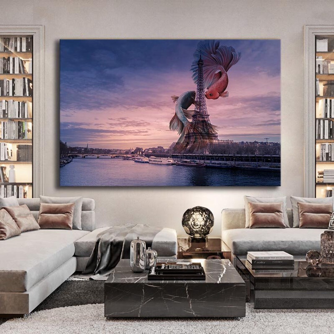 Eiffel Tower and Coi Fish Surreal Canvas Wall Decor, Wall Art Canvas ...