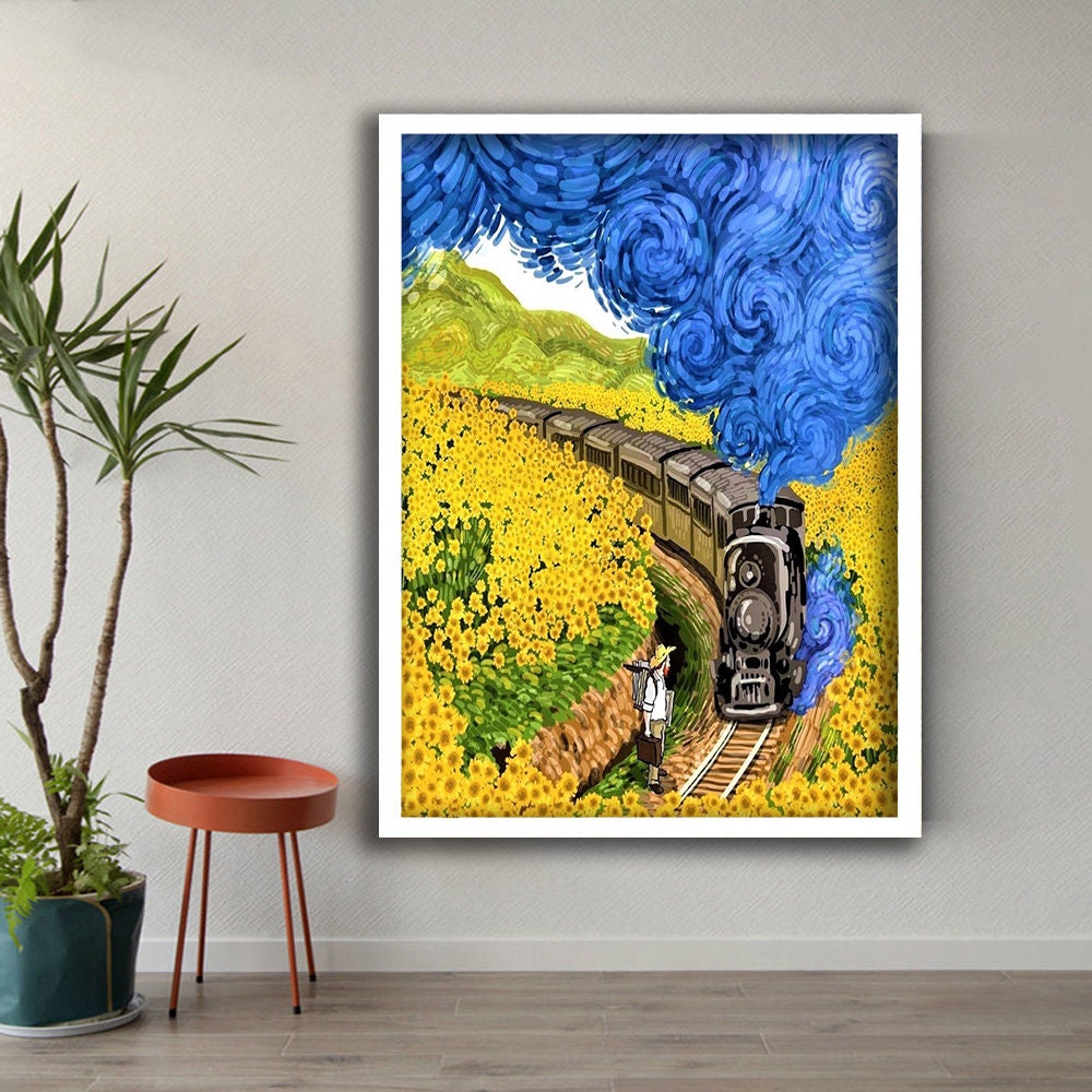 Van Gogh Train Landscape in Sunflowers Canvas Print Reproduction ...