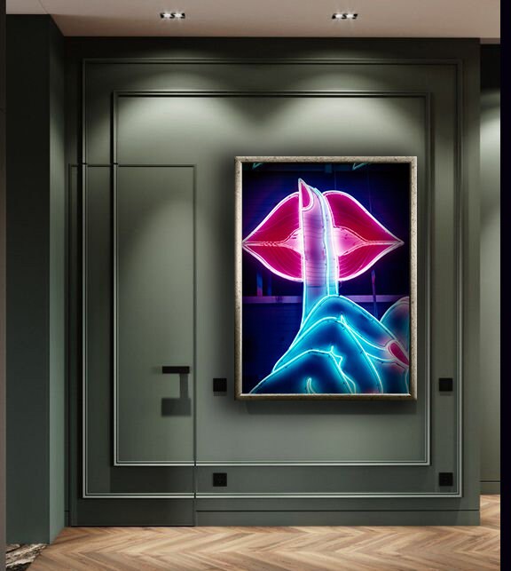 Hush Sign and Red Lips Neon Lights Canvas Print Wall Decor, Ready to ...