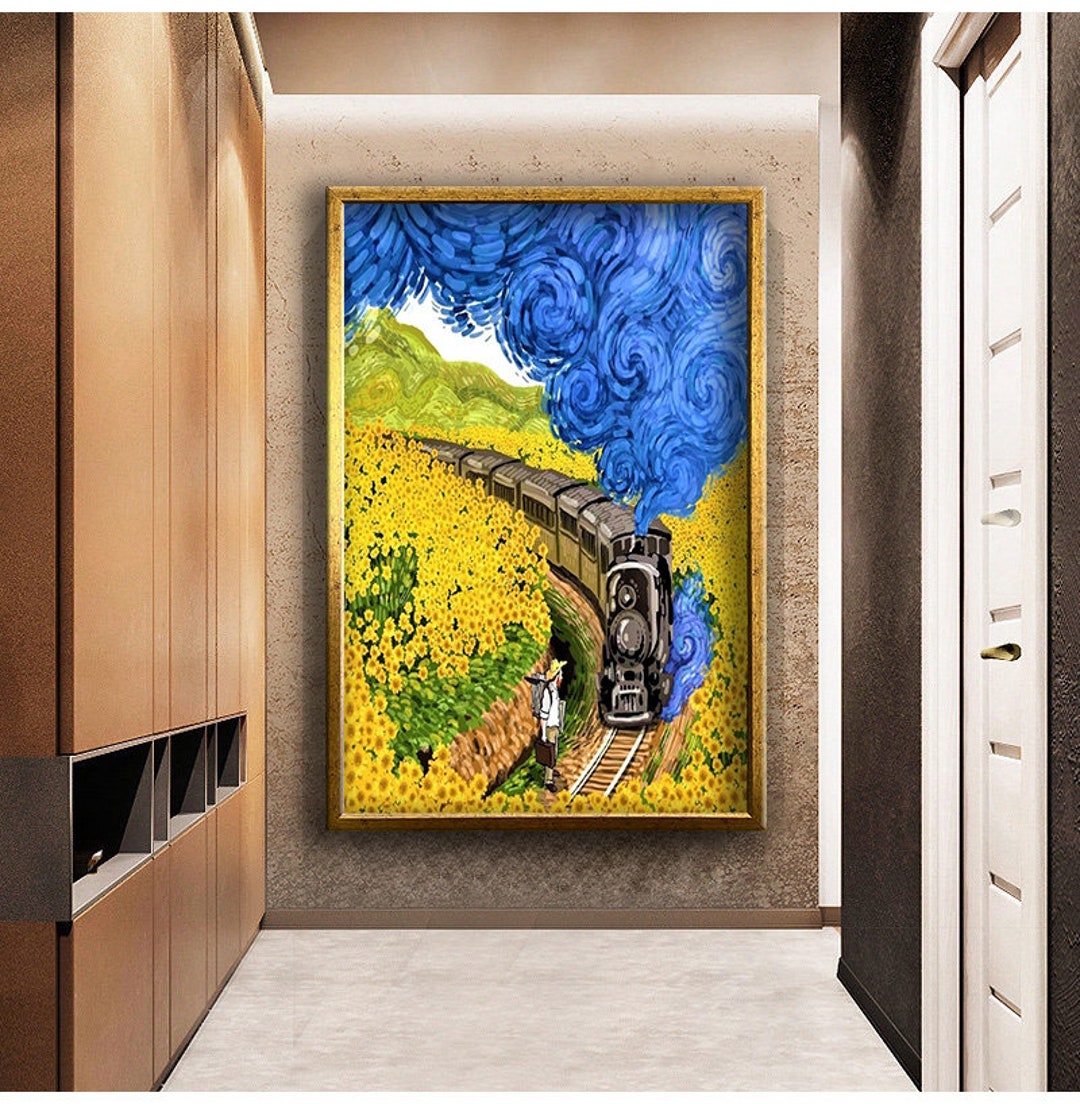 Van Gogh Train Landscape in Sunflowers Canvas Print Reproduction ...