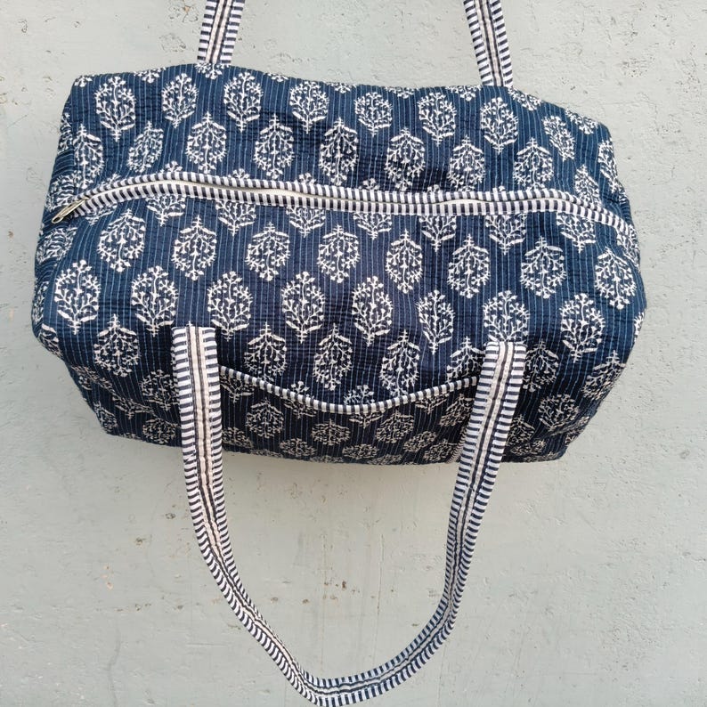 Indigo Blue Printed Quilted Duffle Bag, Cotton Weekender Travel ...