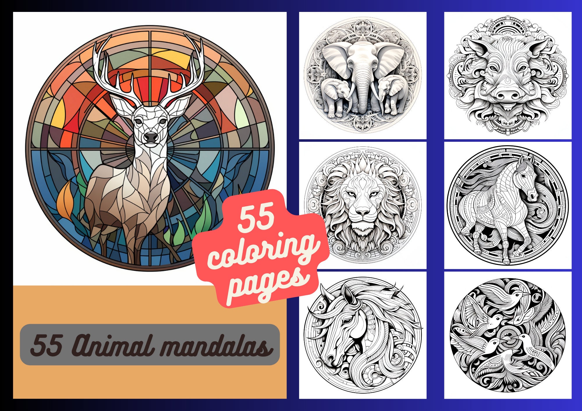 55 Pages Animal Mandala Coloring Book, Animal Coloring Book, Printable ...