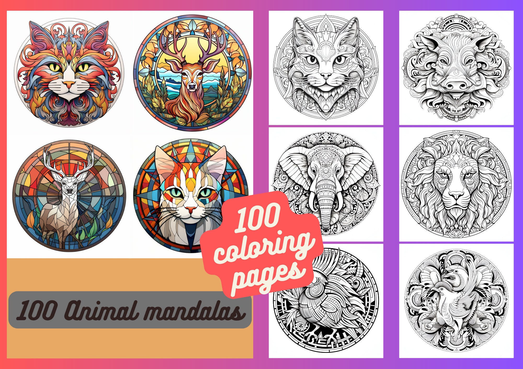 100 Pages Animal Mandala Coloring Book, Animal Coloring Book, Printable ...