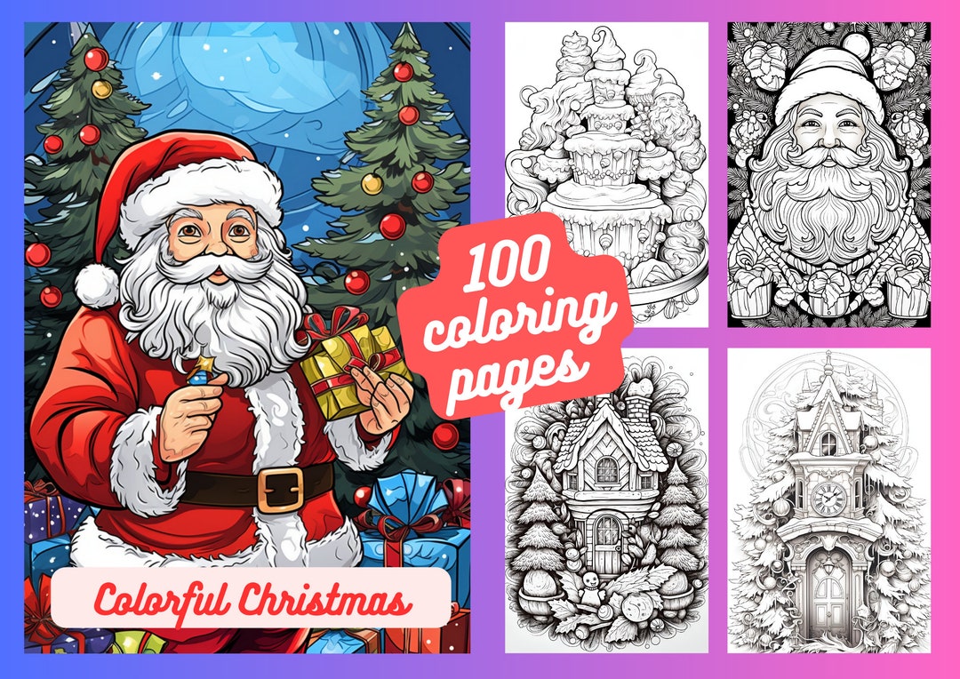 100 Pages Christmas PDF Coloring Book, Printable Xmas Santa Claus ...