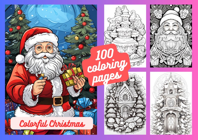 100 Pages Christmas PDF Coloring Book, Printable Xmas Santa Claus ...