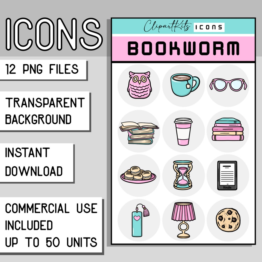 Bookworm Clipart, Reading Icons Bundle, Bookish Goodnotes Printable ...