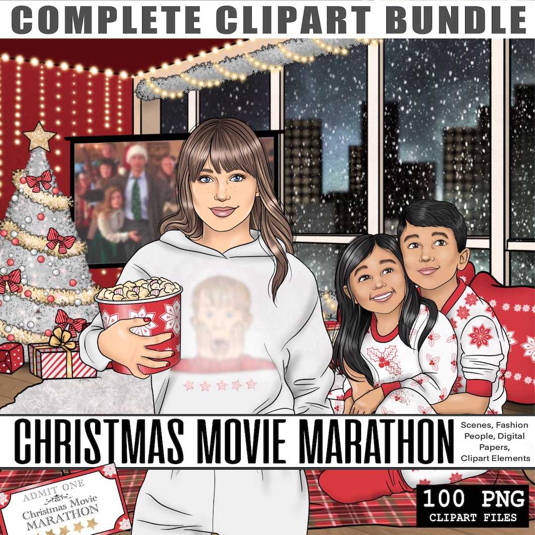 Christmas Movie Marathon Clipart Bundle, Cute Xmas Couple PNG, Holiday ...