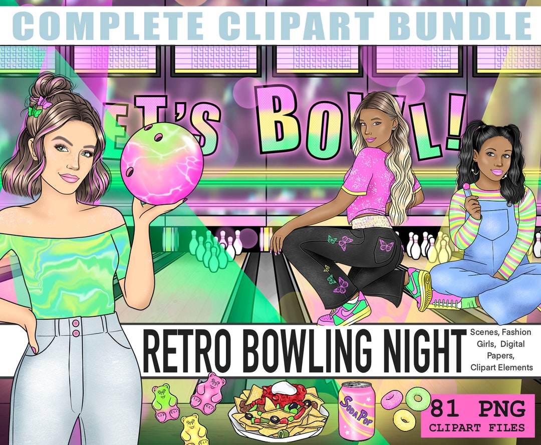 Retro Bowling Night Complete Planner Clipart Kit, Ten Pin Bowling Alley ...