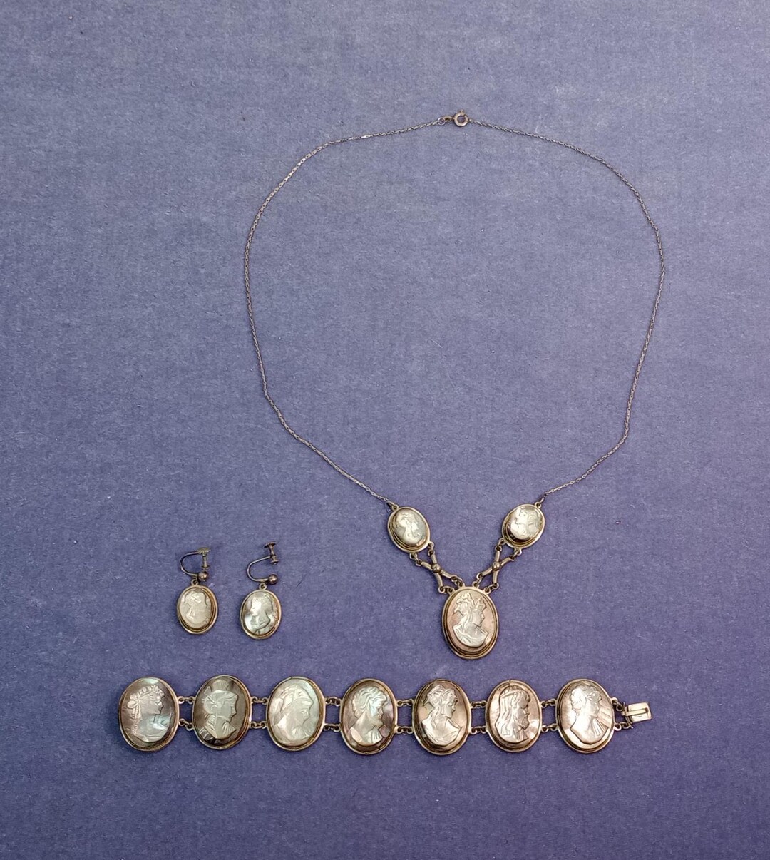 Antique Victorian Sterling Silver Cameo Bracelet Necklace Earring Set ...