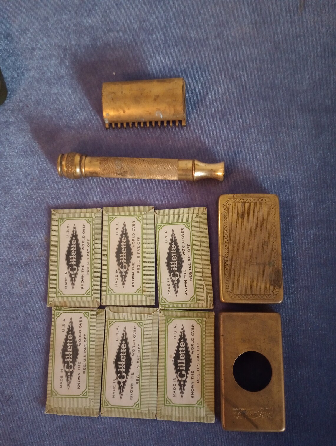 Gillette Gold Tone 3-piece Open Comb Safety Razor W/case and Blades ...