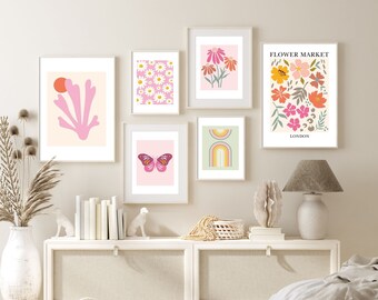 Pink Gallery Wall Set, Floral Art Print Set of 6, Flowers Wall Art ...