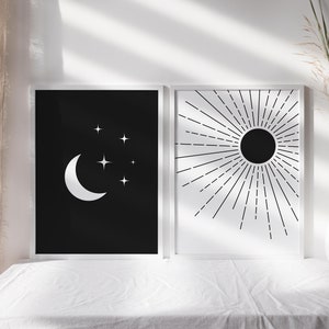 Sun and Moon Prints, Boho Wall Art, Black and White Abstract Wall Art ...