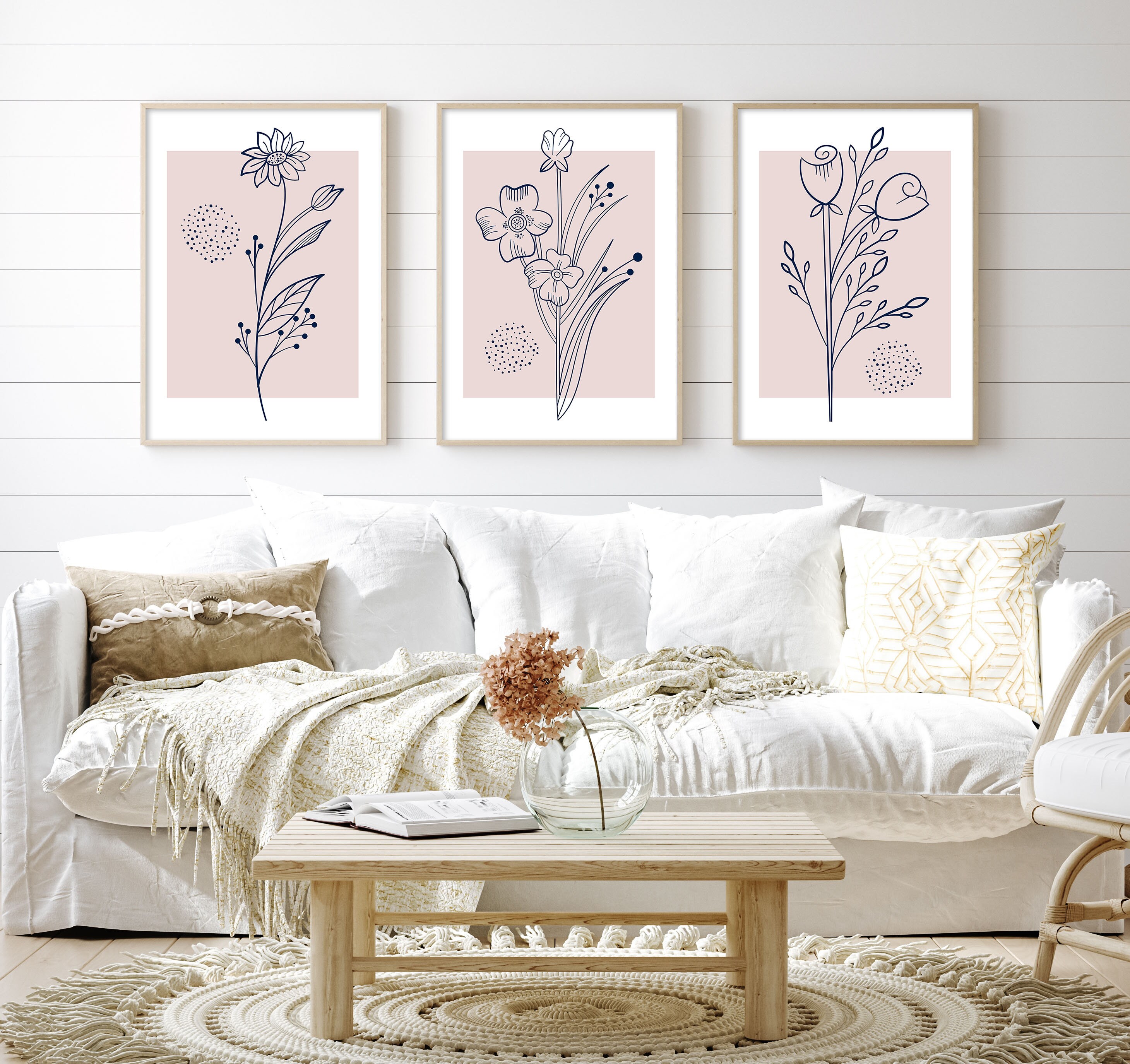 Flower Line Art, Pink Wall Art Set of 3, Botanical Wall Decor, Plant ...