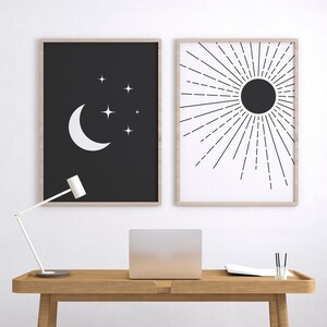 Sun and Moon Prints, Boho Wall Art, Black and White Abstract Wall Art ...