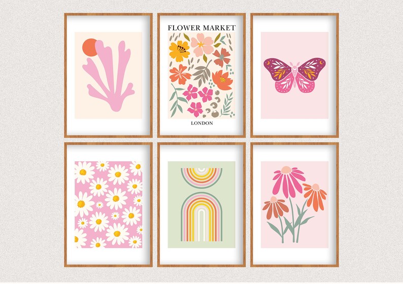 Pink Gallery Wall Set, Botanical Print Set, Floral Art Print Set of 6 ...