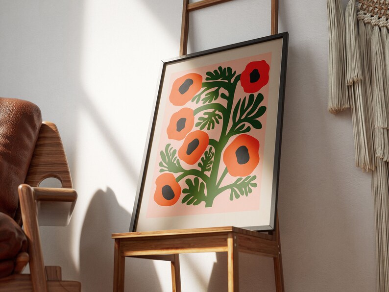 Boho Floral Print: Orange & Green Botanical Art (digital Download) - Etsy