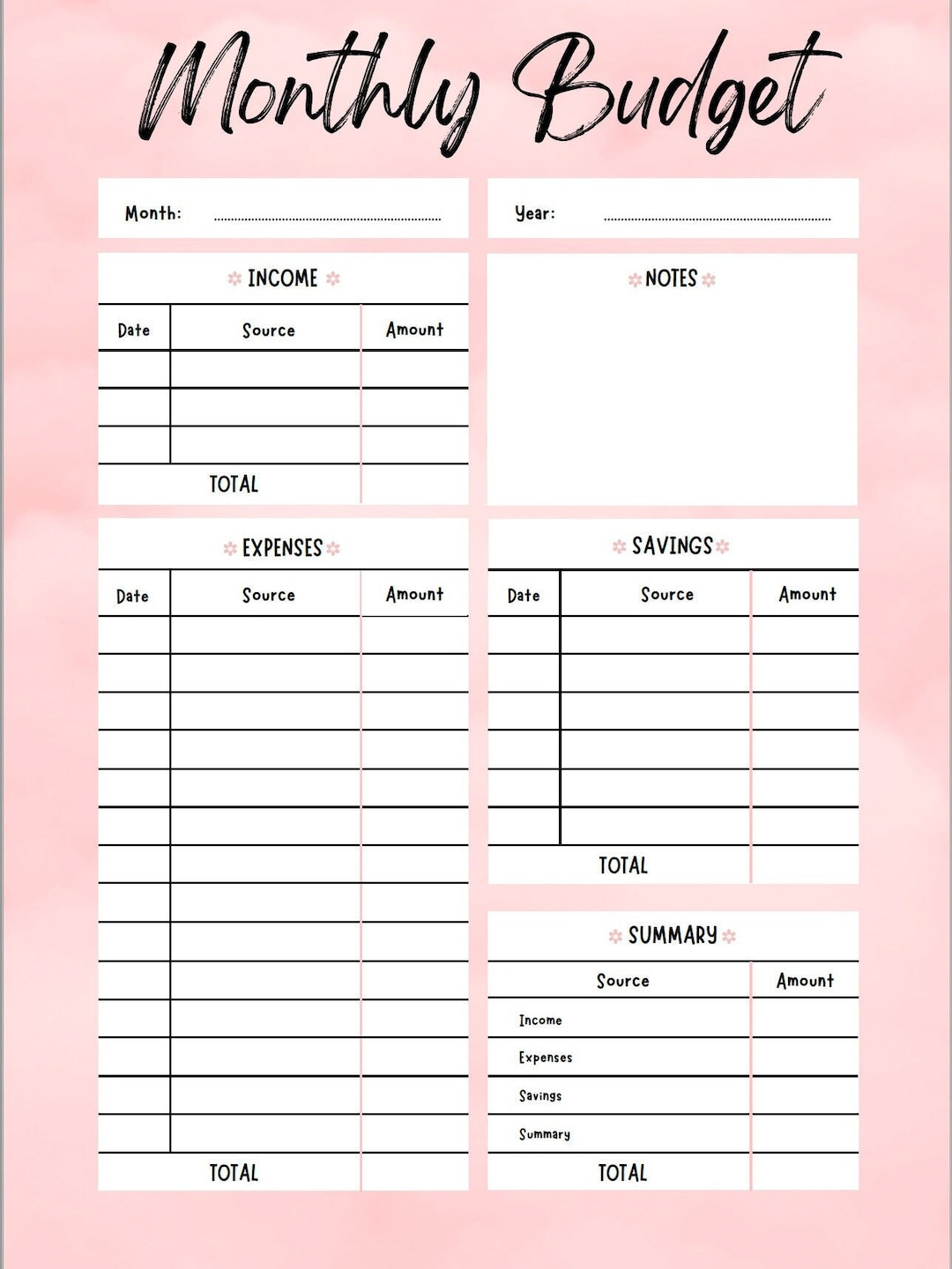 Pink Cloud Monthly Budget Template - Etsy