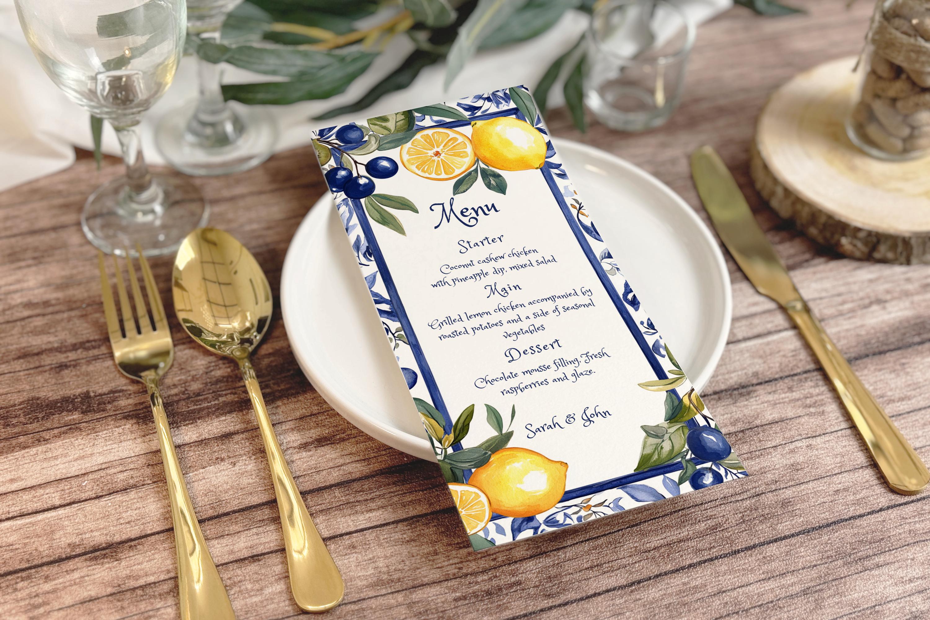 Lemon Wedding Menu Template Canva | Mediterranean Wedding Menu ...