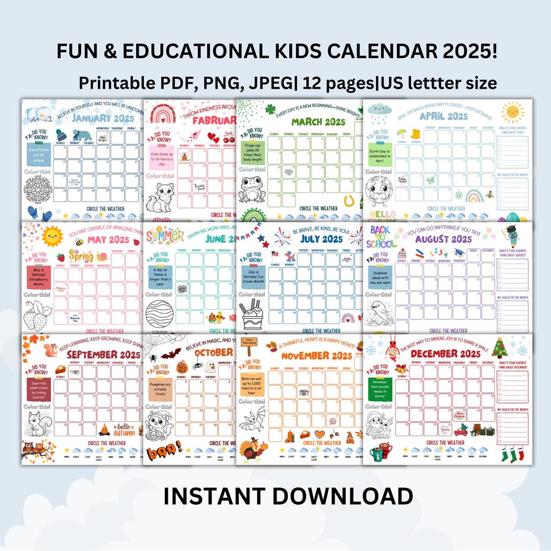 2025 Calendar Printable, Cute Kids Calendar 2025, Editable Calendar ...