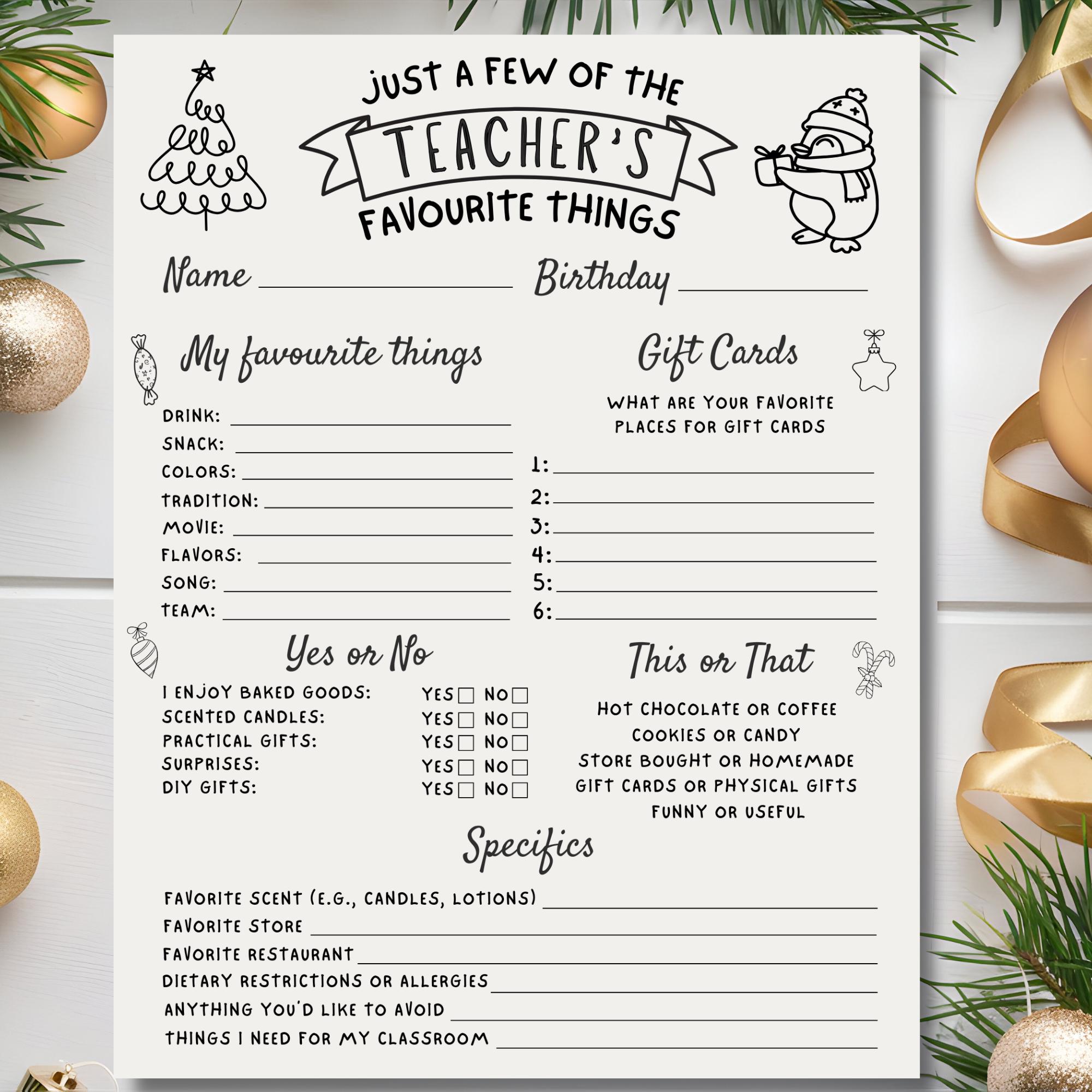 Teacher Questionnaire Survey A Few of My Favorite Things Teacher ...