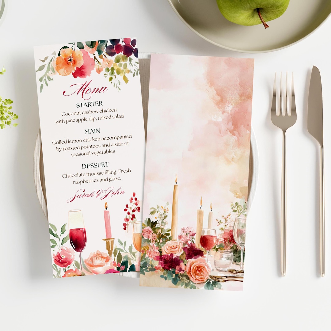 Hand Drawn Watercolor Floral Menu Cards Double Sided Canva Template ...