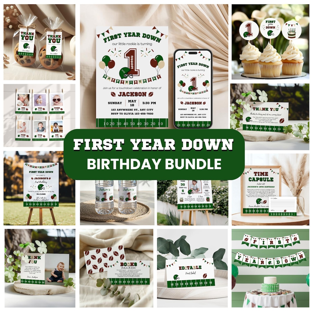 First Year Down Birthday Bundle, Editable Football First Birthday Party ...