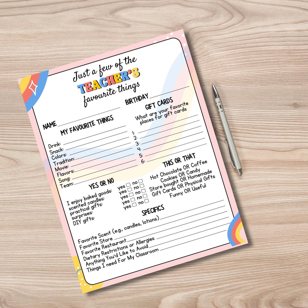 Just a Few of My Favorite Things Teacher Questionnaire | Editable ...