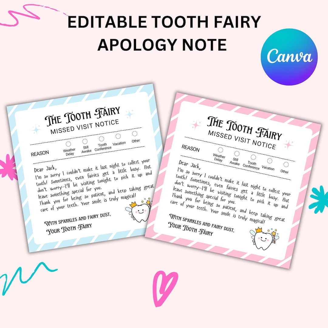 Printable Tooth Fairy Pink and Blue Apology Note Canva Template Tooth ...