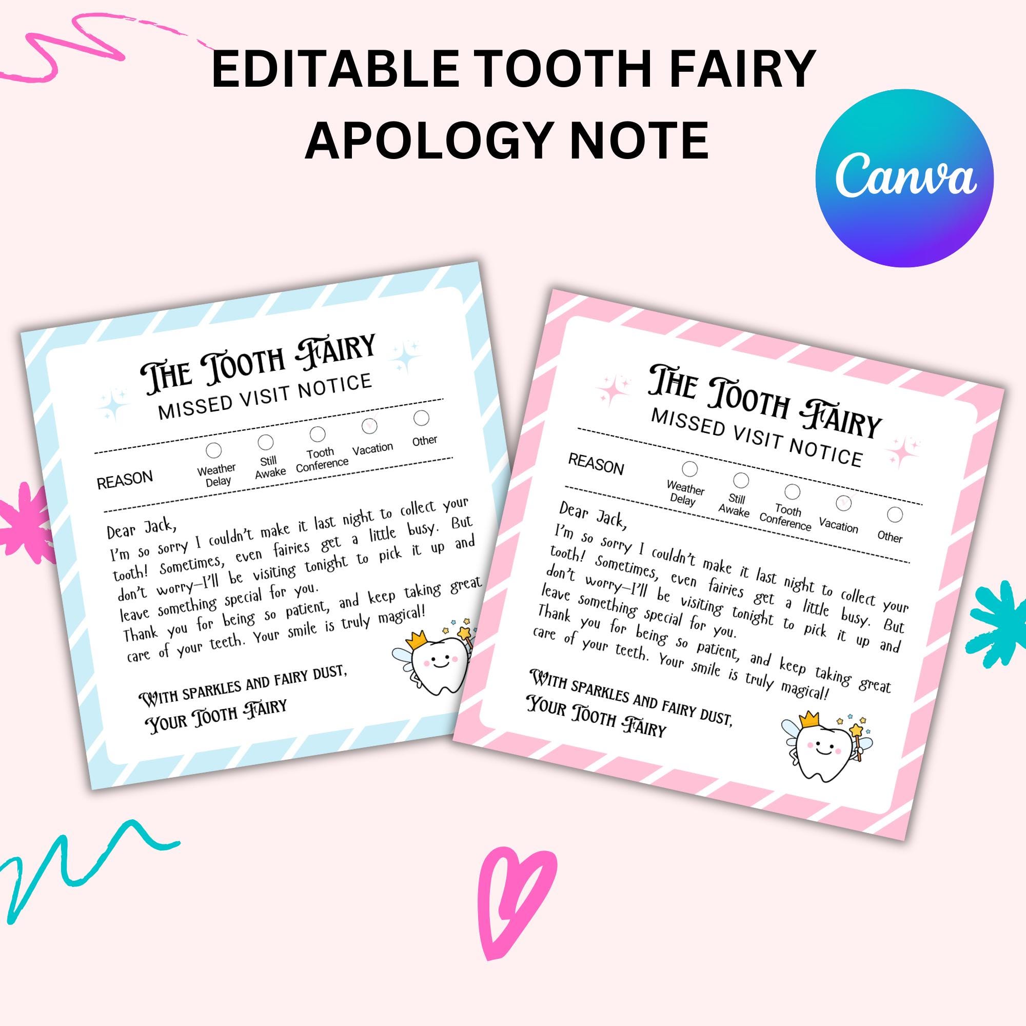 Printable Tooth Fairy Pink and Blue Apology Note Canva Template Tooth ...