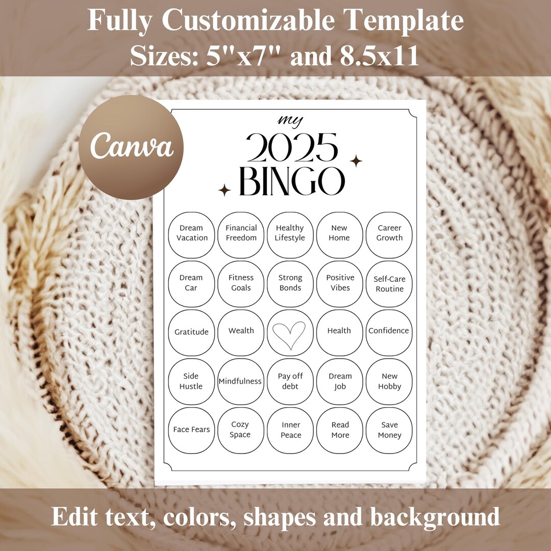 Vision Board 2025 Printable Bingo Card Editable Canva Template, Digital ...