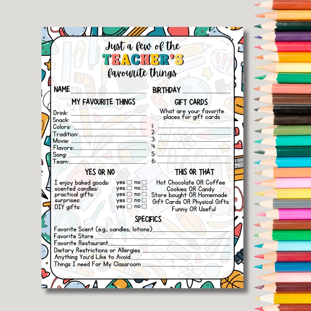 Teacher Favorite Things List Printable, Teacher Appreciation Week ...