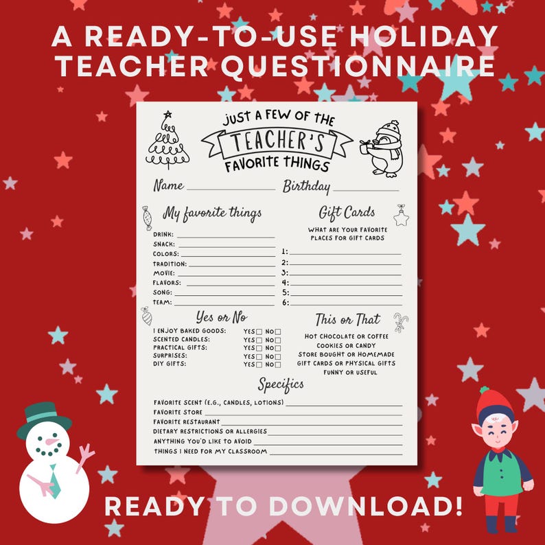 Teacher Questionnaire Survey A Few of My Favorite Things Teacher ...