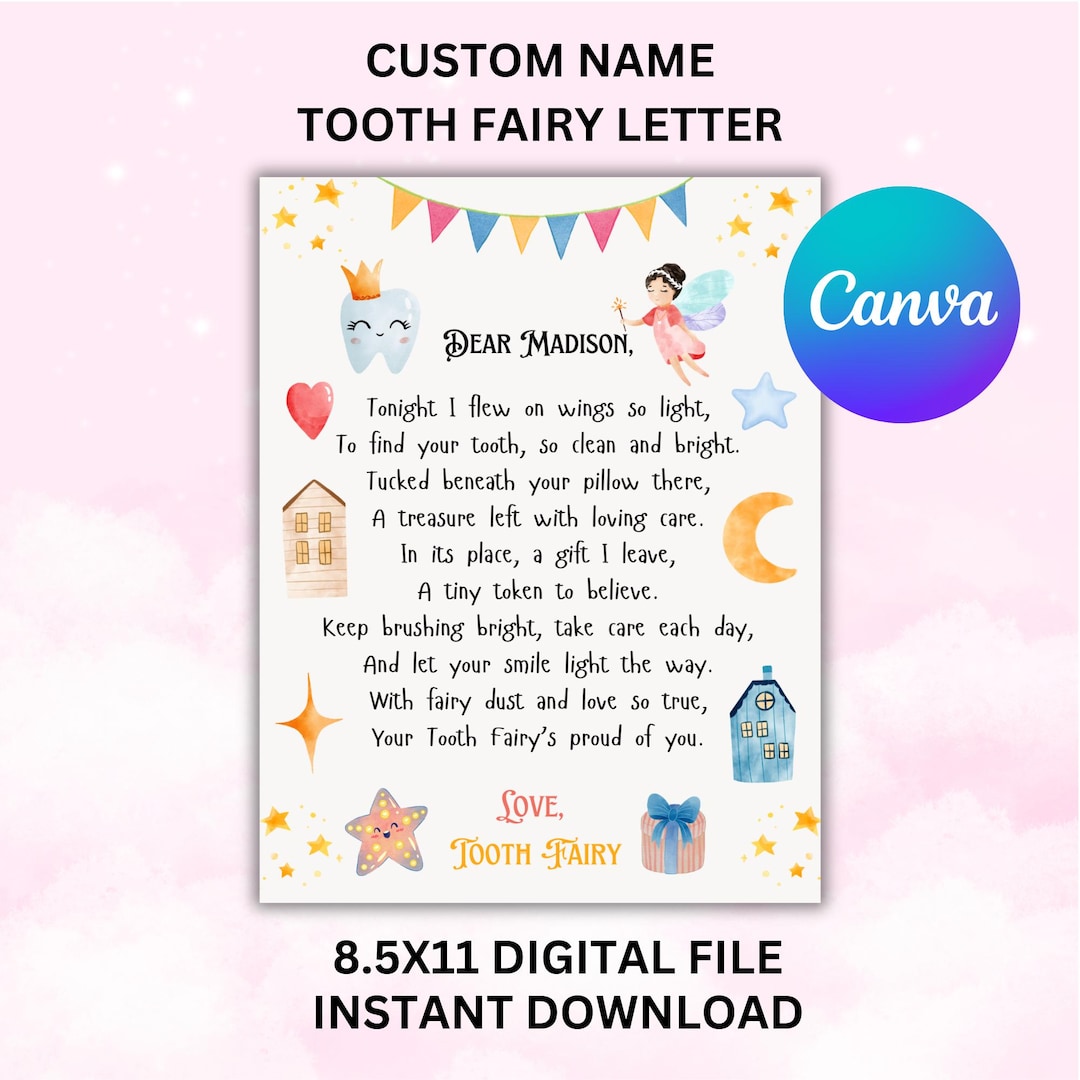 Editable Tooth Fairy Letter Template Canva Printable Tooth Fairy Note ...