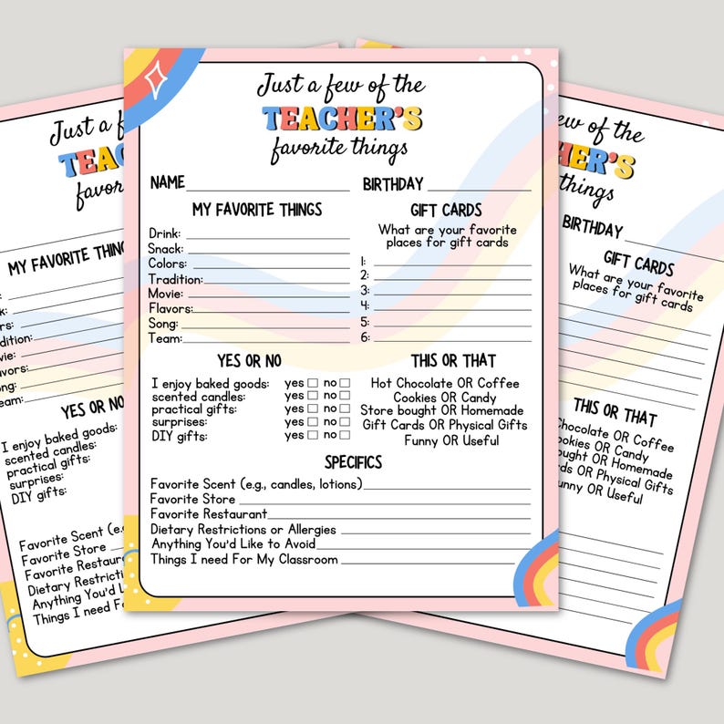 Teacher Questionnaire Survey A Few of My Favorite Things Teacher ...