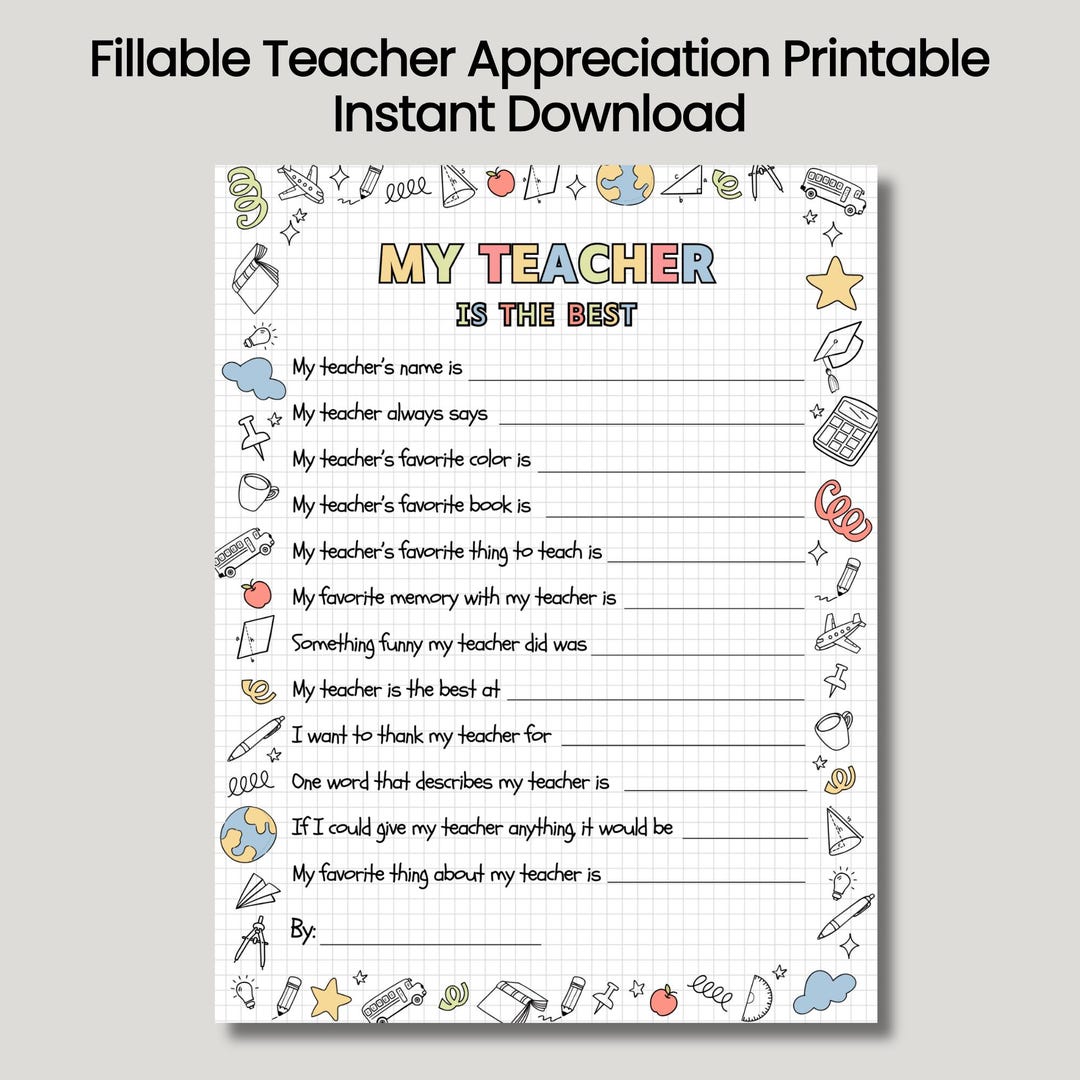 Teacher Appreciation Printable Worksheet, Fillable Teacher Thank You ...