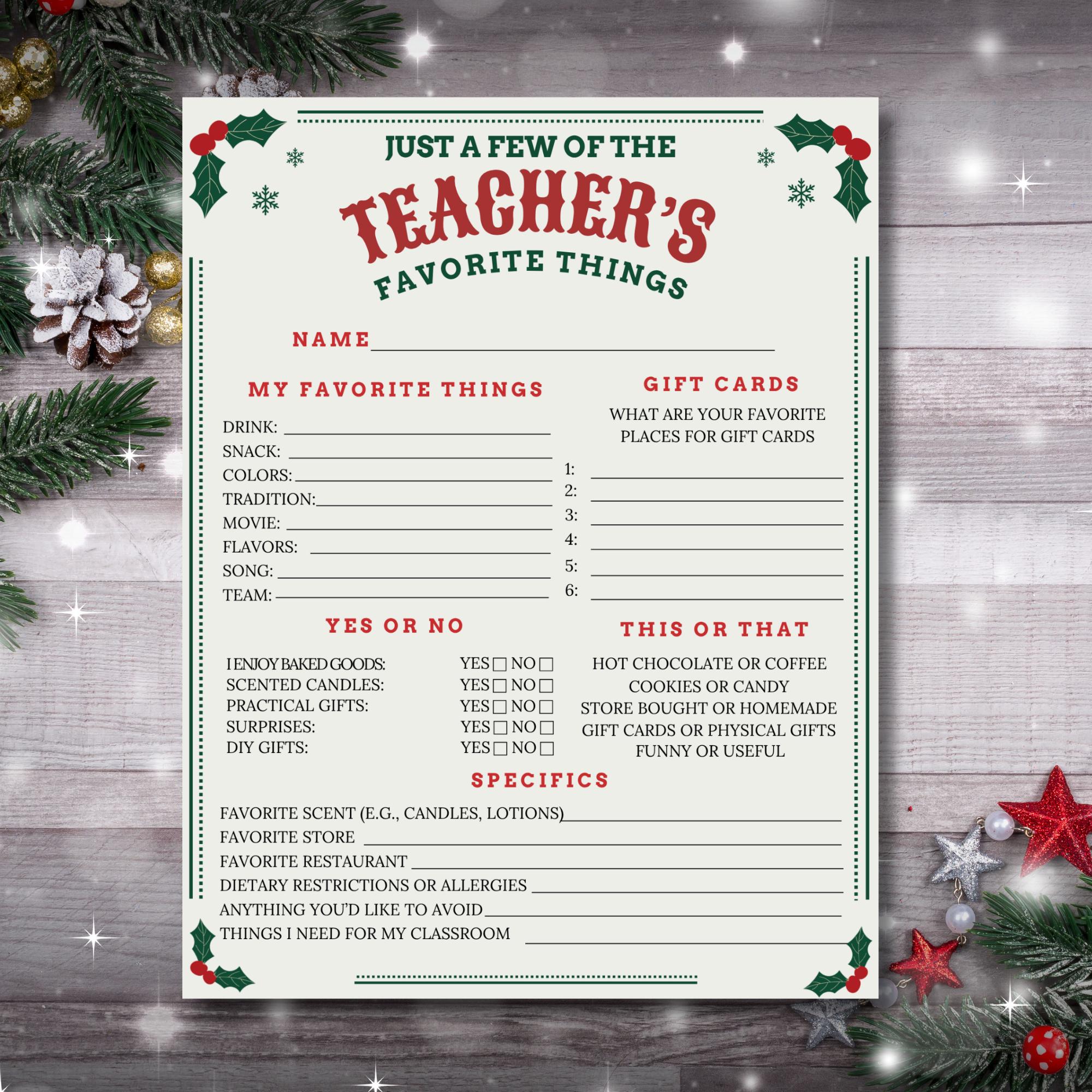 A Few of My Favorite Things Teacher Questionnaire Teacher Christmas ...