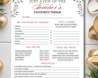 A Few of My Favorite Things Teacher Questionnaire | Teacher Christmas ...