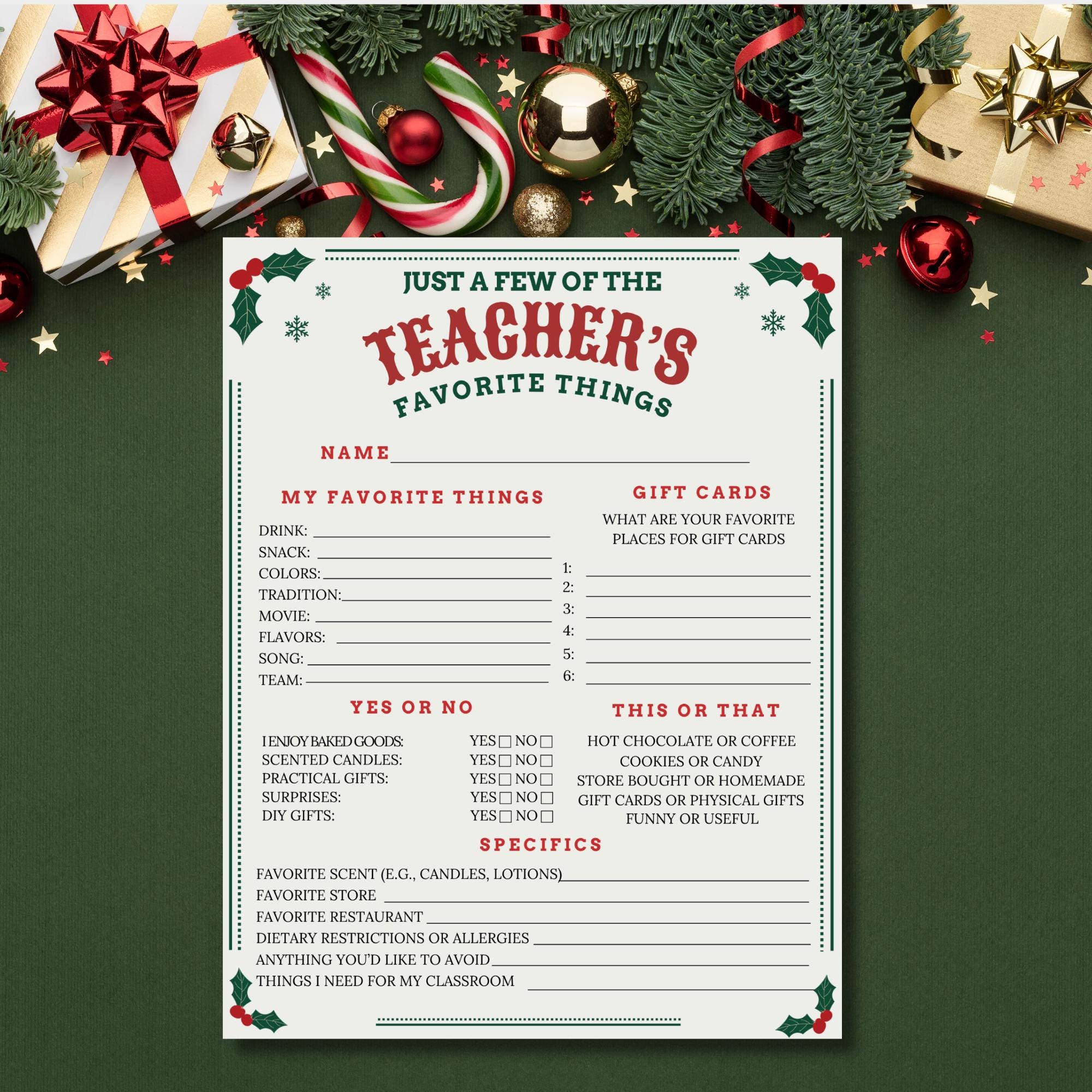 A Few of My Favorite Things Teacher Questionnaire Teacher Christmas ...