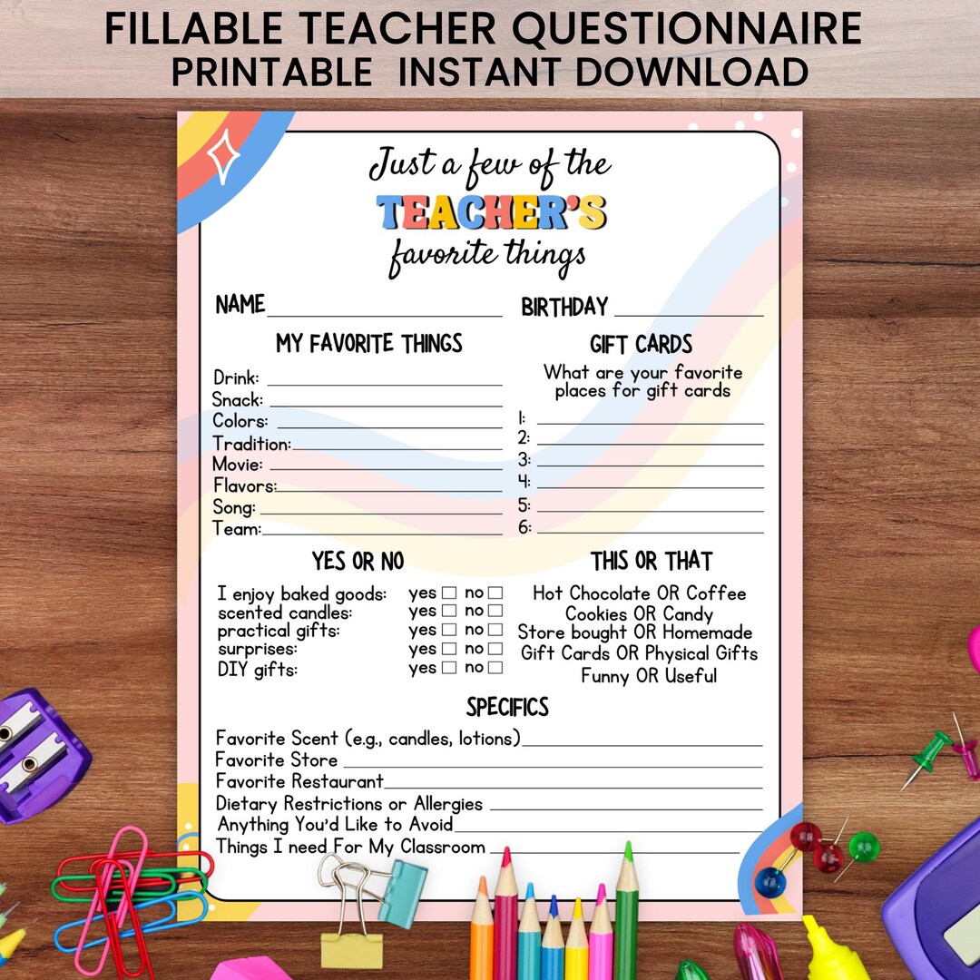 Teacher Questionnaire Survey A Few of My Favorite Things Teacher ...