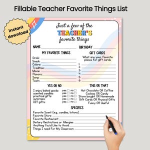 Teacher Questionnaire Survey A Few of My Favorite Things Teacher ...