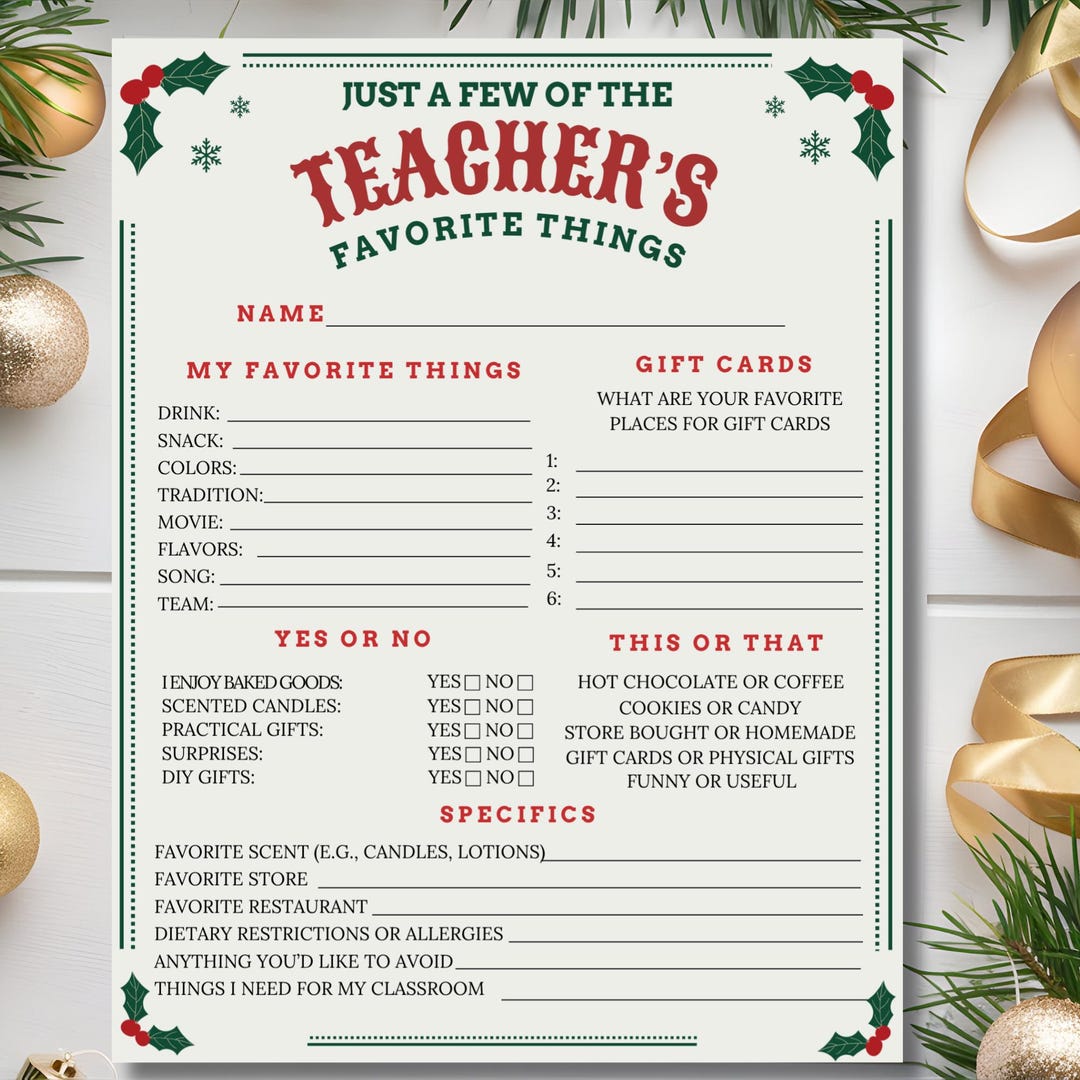 A Few of My Favorite Things Teacher Questionnaire Teacher Christmas ...