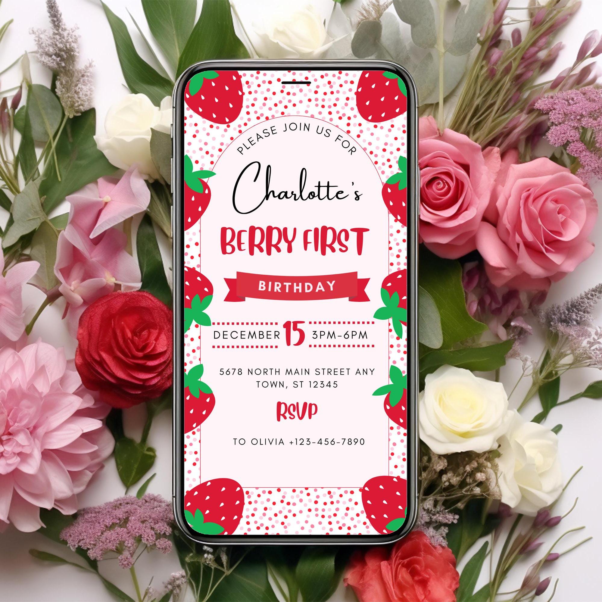 Berry First Birthday Printable & Animated Digital Invitation Canva ...