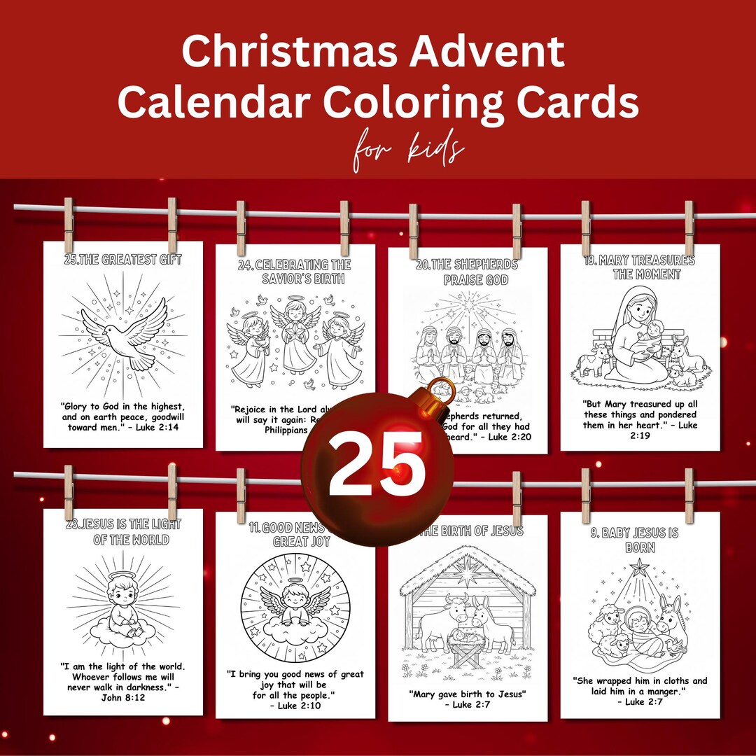 Printable Advent Calendar Coloring Cards for Kids, Christmas Nativity ...