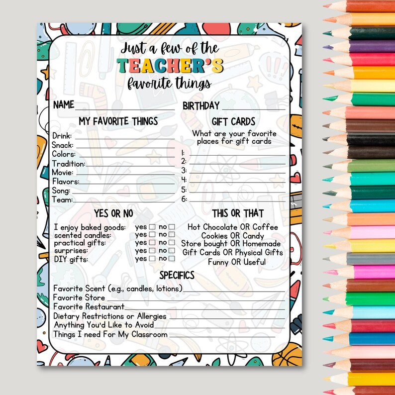 Teacher Questionnaire Printable for Kids, Fillable Teacher Appreciation ...