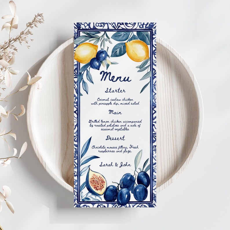 Lemon Wedding Menu Template Canva | Mediterranean Wedding Menu ...