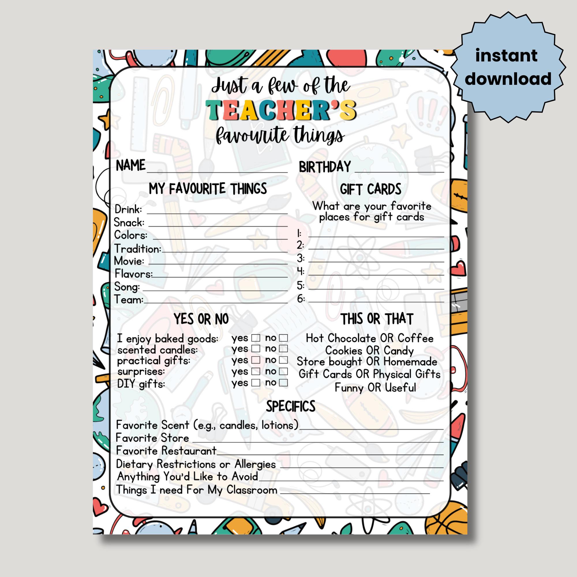 Teacher Favorite Things List Printable, Teacher Appreciation Week ...